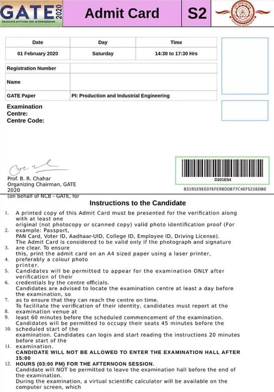 GATE Admit Card 2024: Download Hall Ticket